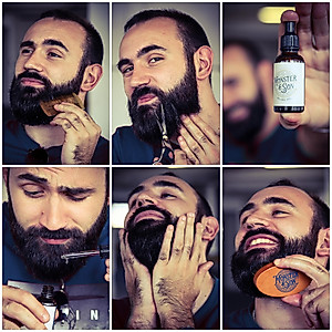 Monster&Son Premium 7-Item Organic Beard Kit - Beard Oil, Beard Balm, Beard Brush, Beard Comb, Scissors, Canvas Travel Bag - Male Grooming Kit in Gift Box - Great Mens Birthday Gift - Father's Day