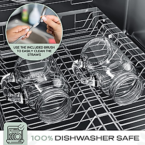 Sips Jar Club 20oz Mason Jar Mug Set of 4 with Handles, Lids, Straws & Cleaning Brush - Overnight Oats & Iced Coffee Cups