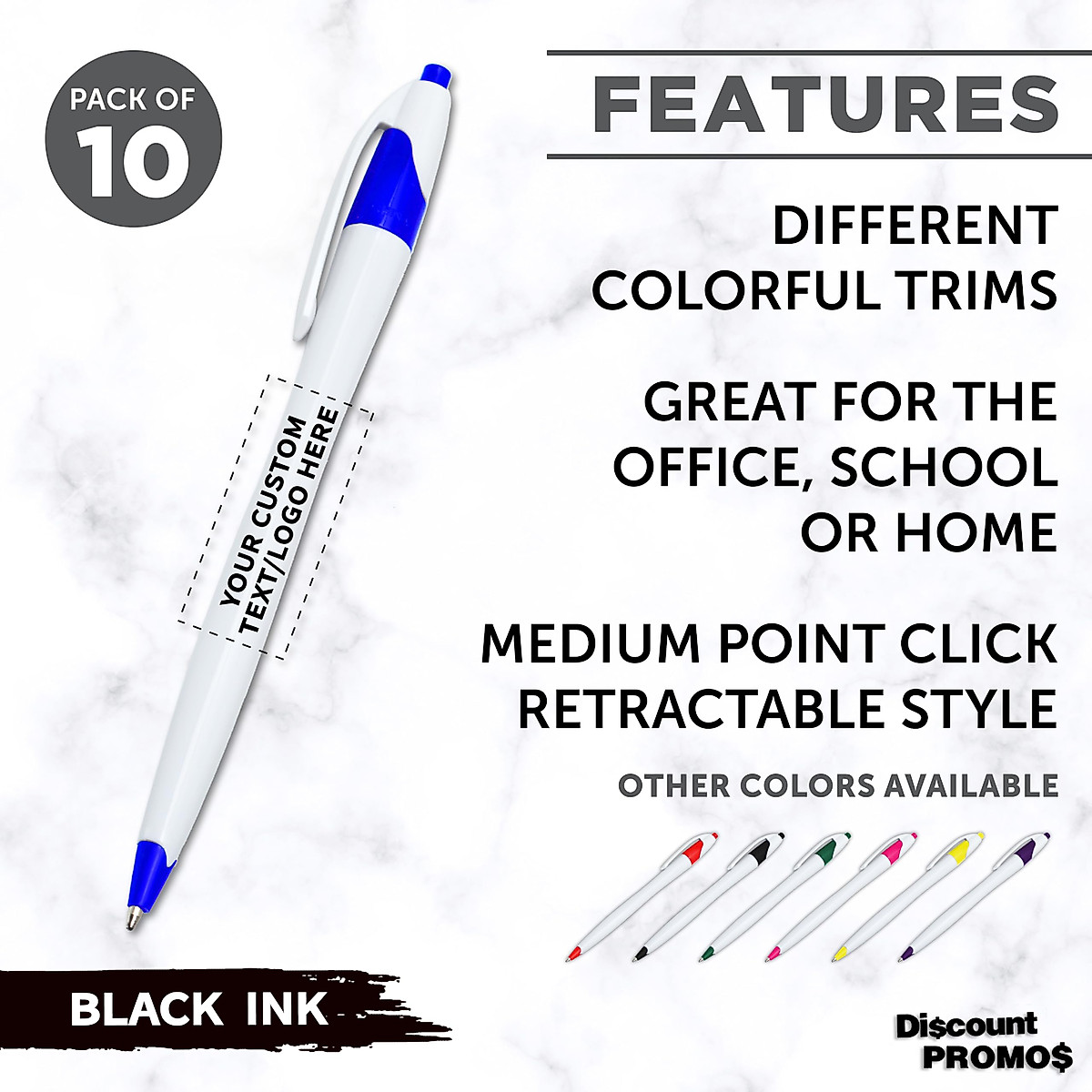 DISCOUNT PROMOS Custom Slim Curvy Ballpoint Pens Set of 10, Personalized Bulk Pack - Black Ink, Retractable, Great for Office, School, Tradeshows - Blue Black