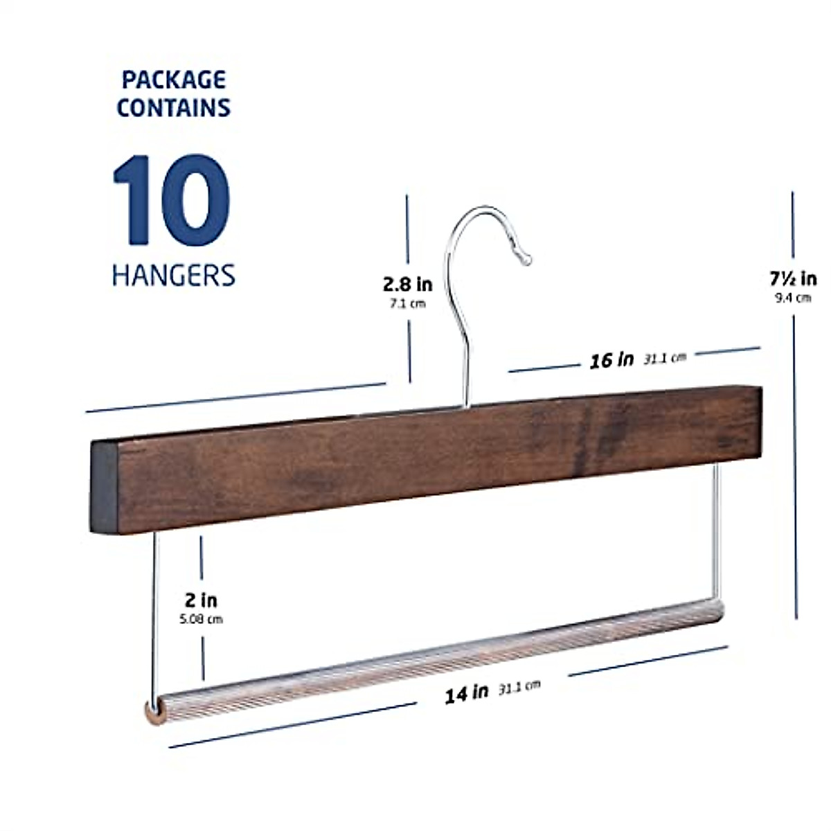 High-Grade Wooden Slack/Trouser Pants Hangers with Non Slip Bar Smooth Finish, Durable Wooden Hangers - Slim & Sleek Space Saving Closet Hangers, 360° Hook- Ideal for Pant (Vintage, 10)