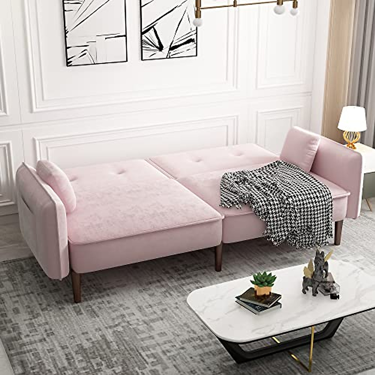 Sofa Bed, HABITTRIO 75" Modern Pink Fabric Upholstered 3-Seater Sleeper Couch with Adjustable Splict-Back Design, 2 Side Pockets, 2 Toss Pillows, Fit for Small Living Room, Apartment
