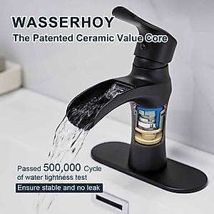 Waterfall Bathroom Faucets for Sink 3 Hole / 1 Hole, Matte Black Bathroom Faucet Ceramic Valve Leak-Proof Black Sink Faucet Bathroom Faucet for Bathroom Sink with Pop up Drain & Base Plate