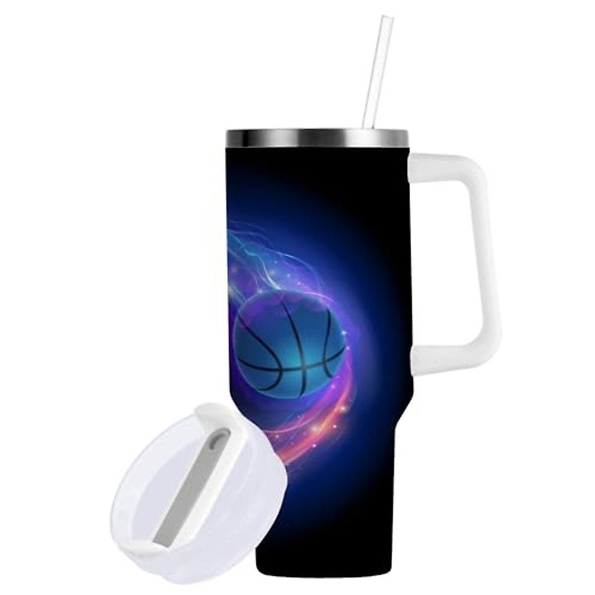 Caikeny Insulated Tumblers with Lid and Straw Basketball Ball 30 oz Reusable Stainless Steel Cup Flames Lights Water Bottle Coffee Travel Tumbler Mug for Women Men