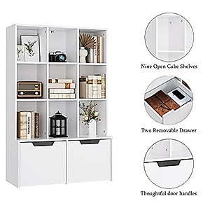 HIFIT Cube Bookshelf, 55.1" H Bookcase Storage Cabinet Wooden with 9 Compartments and 2 Large Drawers for Home Office Living Room, White 1Pcs