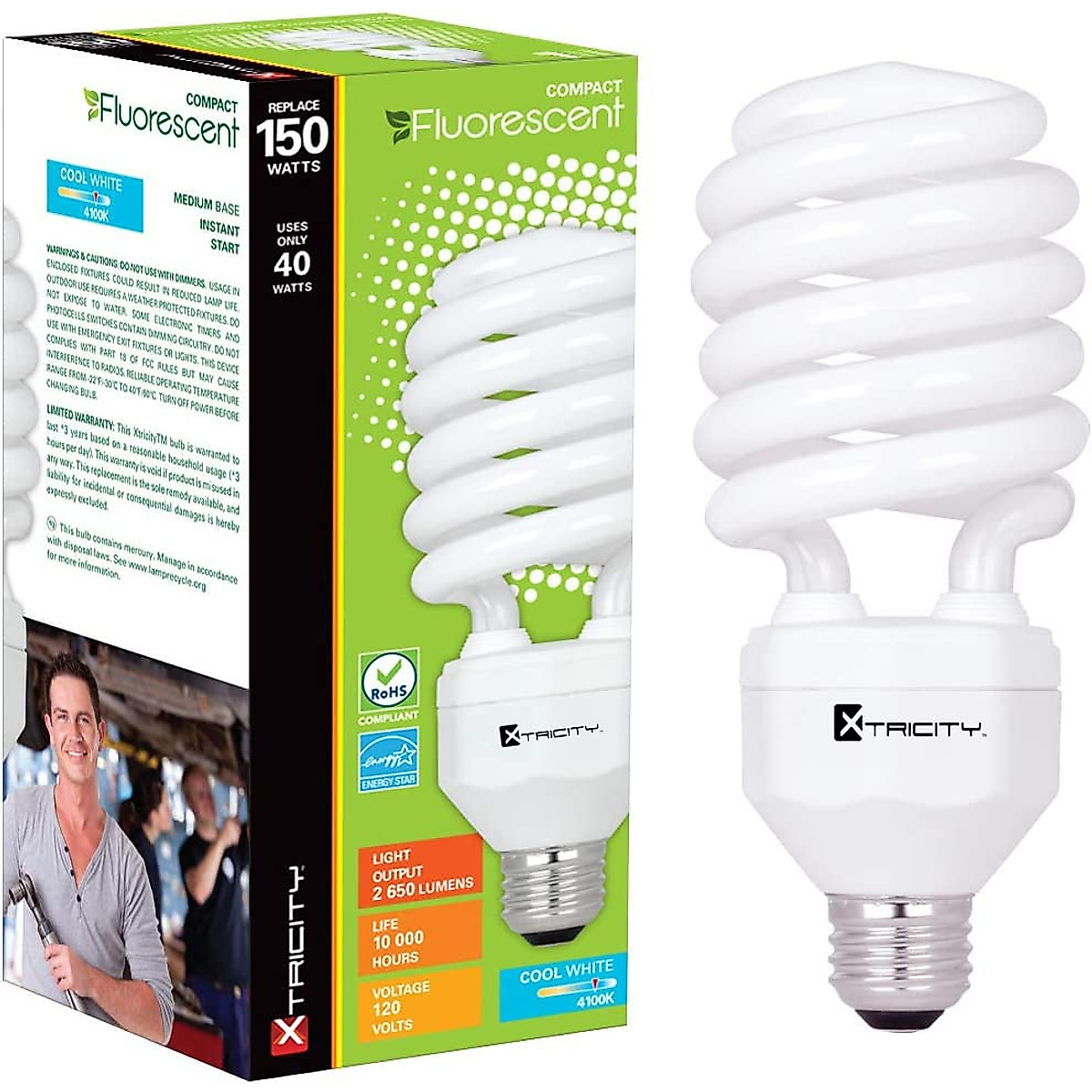 Xtricity CFL Bulb, 4100K Cool White, 150W Eqv (40W) High Lumen, Compact Fluorescent Light Bulb 150W Equivalent, 2650 Lumens, T4 Spiral - E26 Medium Base, 120V, Daylight (Pack 1)