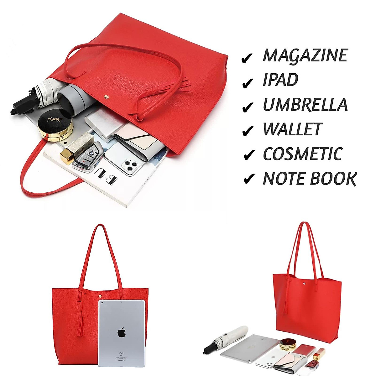 Lieseh Women's Bohemian Tote Bag for Shoulder and Hand with Inner Pocket (Bright Red Ribbon)