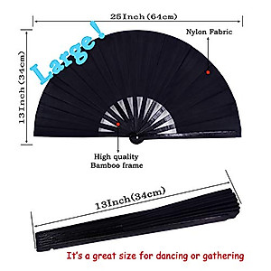 Amajiji Large Folding Hand Rave Fan for Women/Men, Chinease/Japanese Bamboo and Nylon-Cloth Folding Hand Fan for Performance, Festival, Events, Gift, Craft, Dance, Decorations (Black)