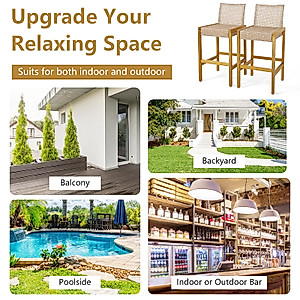 Tangkula Patio Wood Barstools Set of 2, PE Rattan Bar Height Chairs with Backrest, Stable Metal Frame, 400 lbs Max Load, Light Brown PE Wicker Bar Chairs for Porch, Backyard, Balcony (2)