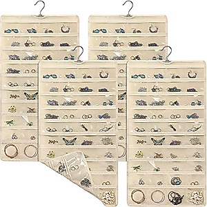4 Pcs Hanging Jewelry Organizer with 80 Pockets Earring Storage Organizer Dual Sided Earring Holder Organizer Necklace Hanger Closet for Bracelet, Necklace, Ring, Knitting Tool, Accessories, Beige