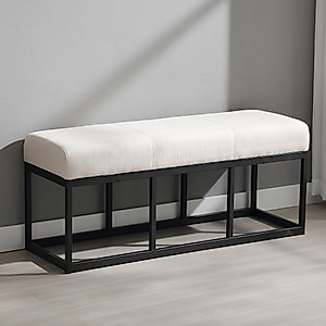 HNY Mid Century Modern Upholstered Kitchen Dining Bench Metal Entryway Bench Seat, 45 Inch Linen Tufted Bench Ottoman Indoor Window Bench for Bedroom End of Bed/Living Room/Mudroom/Narrow/, Cream