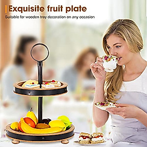Urban Deco Wood Tiered Tray, 2-Tiered Tray Decorative Dessert Stand, Farmhouse 2 Tier Serving Tray with Metal Handle, Fruits Display Tray for Kitchen Counter, Living Room Table