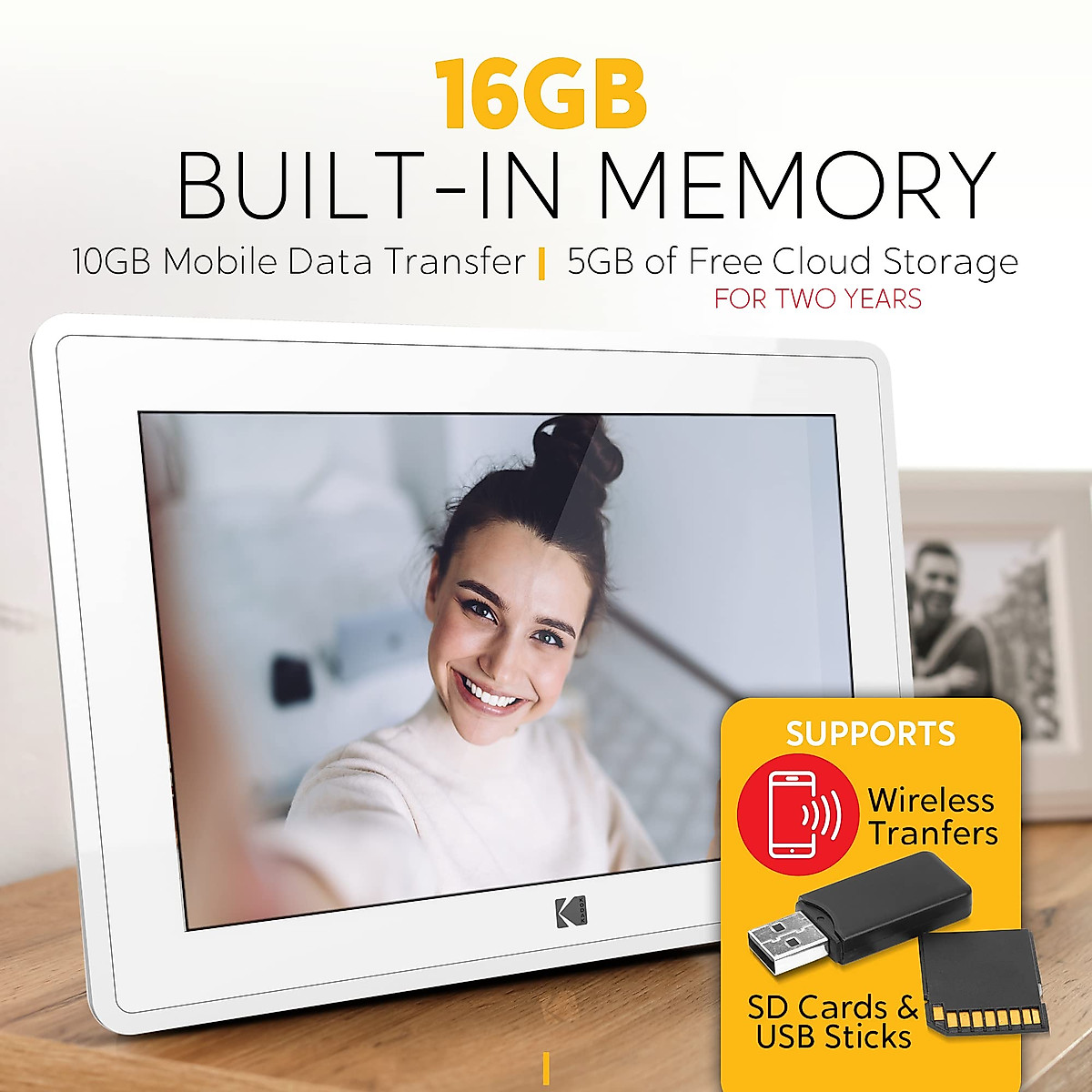 Kodak 10-Inch Touch Screen Digital Picture Frame, Wi-Fi Enabled with 16GB of Internal Memory, HD Photo Display and Music/Video Support Plus Clock, Calendar, Weather and Location Updates - Whilte