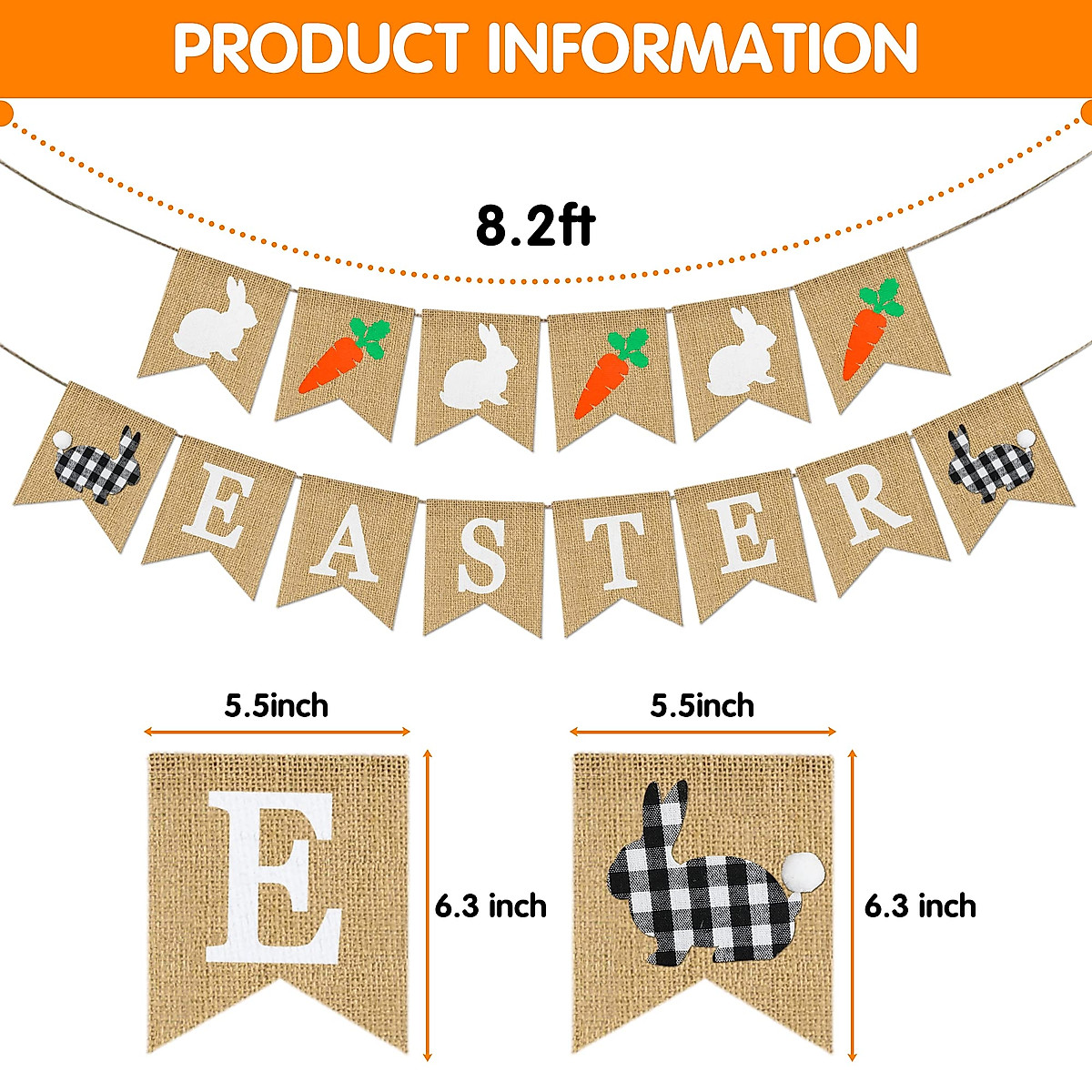 Easter Burlap Banner with Buffalo Plaid Bunny - NO DIY - Rustic Farmhouse Easter Decorations, Easter Bunny Rabbit Carrot Bunting Garland for Home Mantle - Easter Bunny Banner - Easter Party Decor