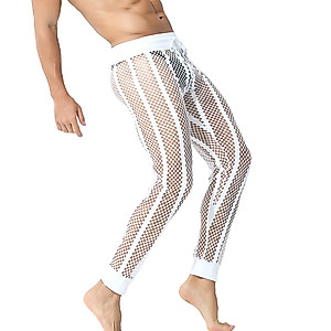 QiaTi Men's Fishnet Pants Mesh See Through Muscle Leggings Stretchy Drawstring Long Pants B-White