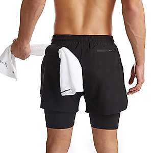 Surenow Mens 2 in 1 Running Shorts Quick Dry Athletic Shorts with Liner, Workout Shorts with Zip Pockets and Towel Loop Black
