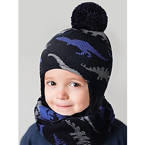 Baby Boy Hat Scarf Mittens Set Winter Warm Hat Knitted Beanie Gloves Toddler Fleece Mittens Earflaps (Navy Blue, Grey, Light Blue, 4-5 Years)
