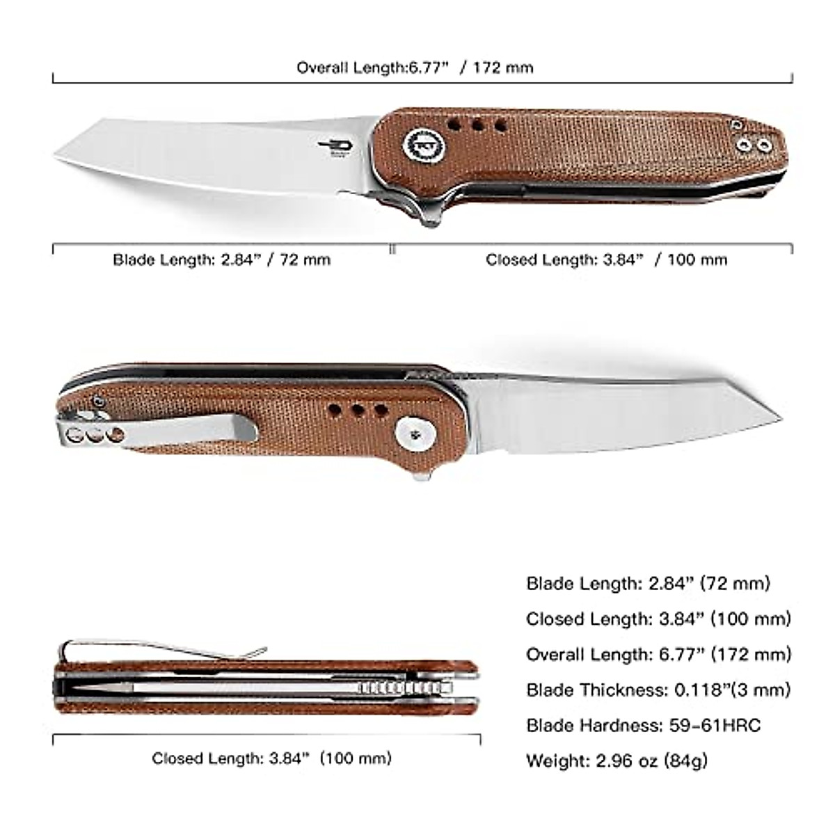 BESTECH KNIVES Pocket Folder Folding Knife: 2.84" 14C28N Steel Reverse Tanto Blade, Micarta Scales, Flipper, Liner Lock, EDC Steel Clip, BG40E (Natural Micarta)