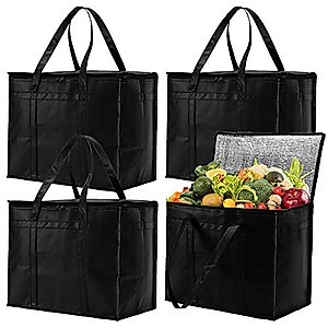 Bekith 4 Pack XL Insulated Reusable Grocery Bags with Zippered Top, Insulated Shopping Bag for Groceries or Food Delivery, Foldable, Washable, Heavy Duty, Stands Upright, Reinforced Bottom, Black