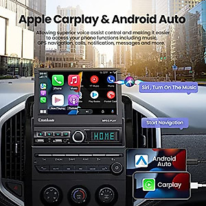 Single Din Flip Out Touch Screen Car Stereo with Apple Carplay and Android Auto, 1 Din Radio Support Bluetooth Mirror Link Remote Control USB TF Card FM Radio Microphone