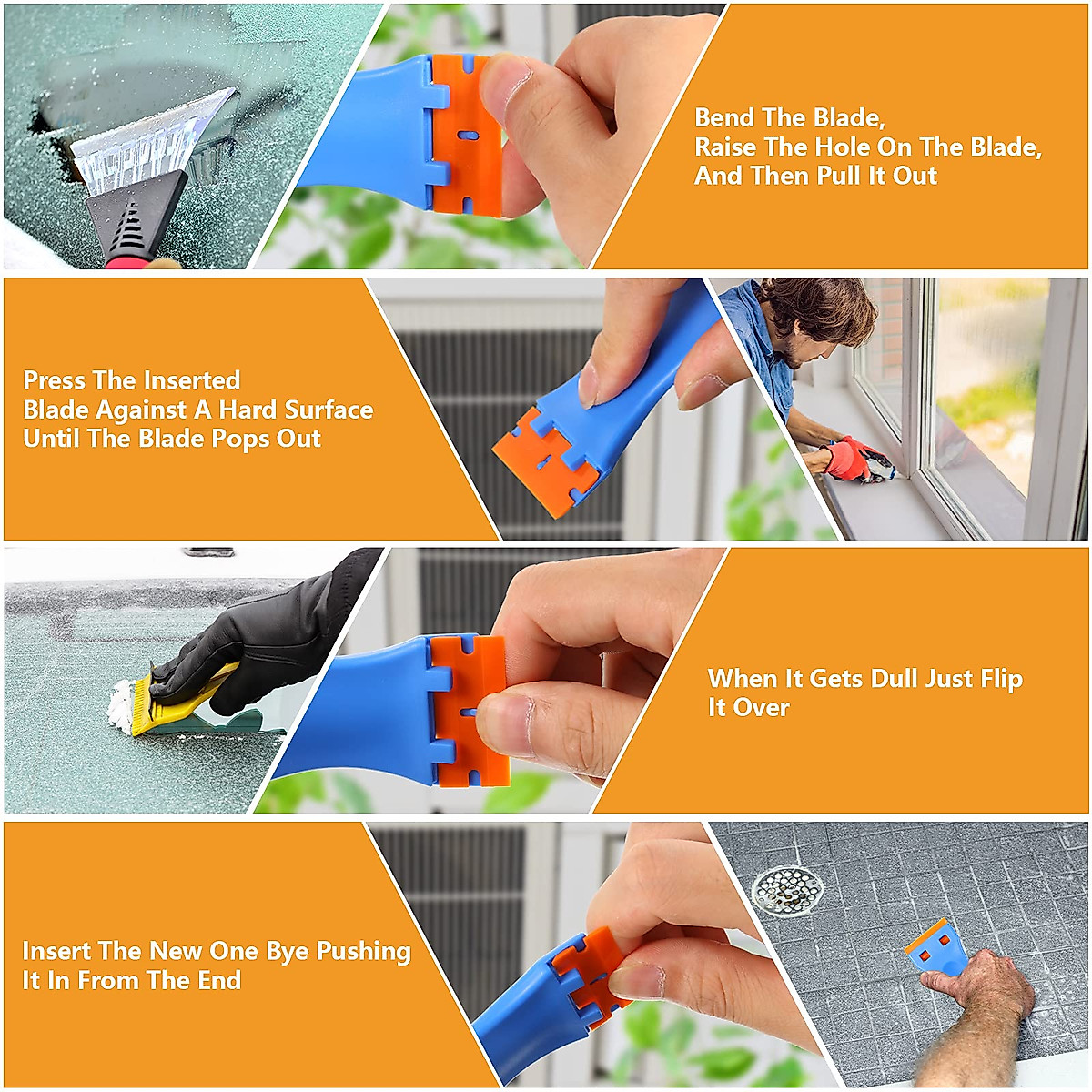 Honoson 600 Pieces Plastic Razor Blade Scraper Blades Plastic Scraper Tools Double Edge Razor Blades with a Tip Slot Edge Blades for Removing Decals, Stickers, Cleaning Window Glass (Orange)