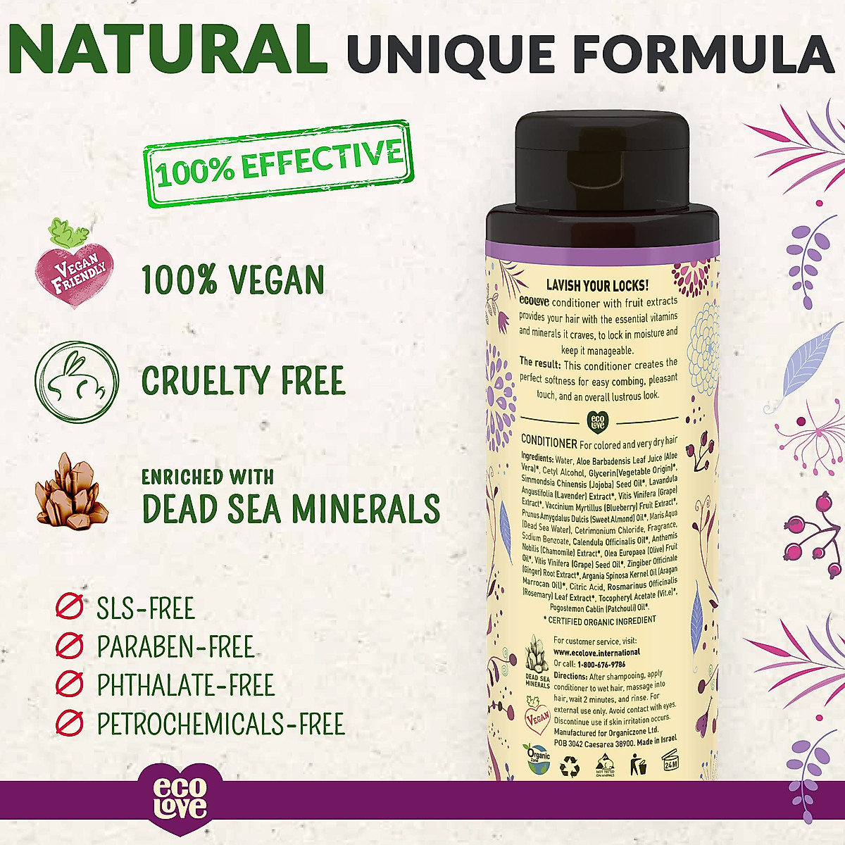 ecoLove - Natural Conditioner for Dry Damaged Hair and Color Treated Hair - With Natural Lavender Extract - No SLS or Parabens - Vegan and Cruelty-Free, 17.6 oz.