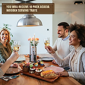 10 Pack Solid Wood Serving Trays Acacia Wooden Server Platter Rectangular Charcuterie Boards with Grooved Handle for Home Room Coffee Cheese Appetizer Table Farmhouse Serving Decor (16.7 x 6.4 Inch)