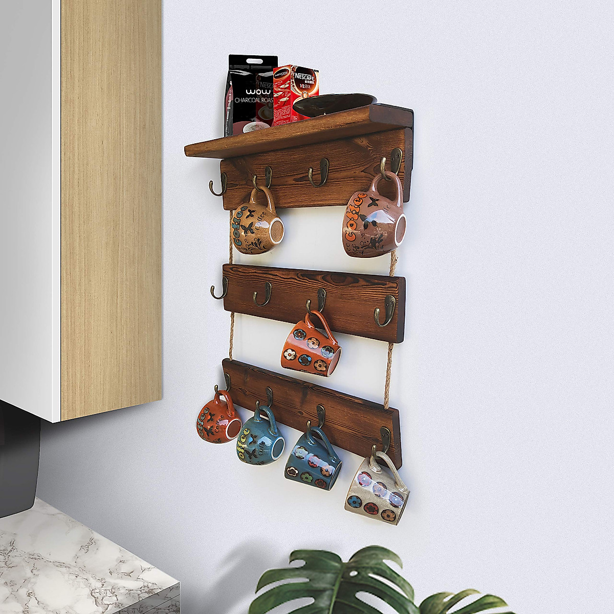 KOLYMAX 12 Hooks Coffee Cup Holder Solid Wood Mug Rack with Shelf Coffee Bar Mug Display Rustic Kitchen Storage Rack for Farmhouse Decor 3 Tie