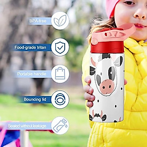 Stainless Steel Water Bottles Cartoon Cow Print Travel Water Cups with Handle And Silicone Straw Drinking Cup with Leak Proof Lid Thermo Travel Mug for Women Men