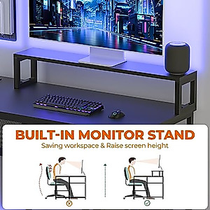 SOROGRA L Shaped Gaming Desk with Power Outlet and Storage Shelves, 50.4 inch Home Office Reversible Computer Desk with Monitor Stand, Corner Desk Writing Table with 2 Hooks, Black