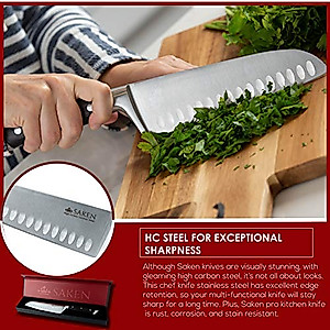 SAKEN Santoku Knife - 7-Inch Japanese Chef Knife with High-Carbon German Steel Blade, Granton Edge, and Ergonomic Handle - Multipurpose Kitchen Knife for Mincing, Slicing, and Dicing