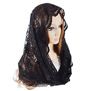 PAMOR Infinity Chapel Veil Floral Latin Mass Head Covering Lace Scarf Mantilla Veils for Church (Black)