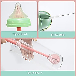 Baby Bottle Brush, VOOWO Telescopic Silicone Bottle Brush for Cleaning with Long Handle, Water Bottle Cleaner Brush with Nipple & Straw Cleaner, Included Towel (Pink Telescopic Brush & Stand)