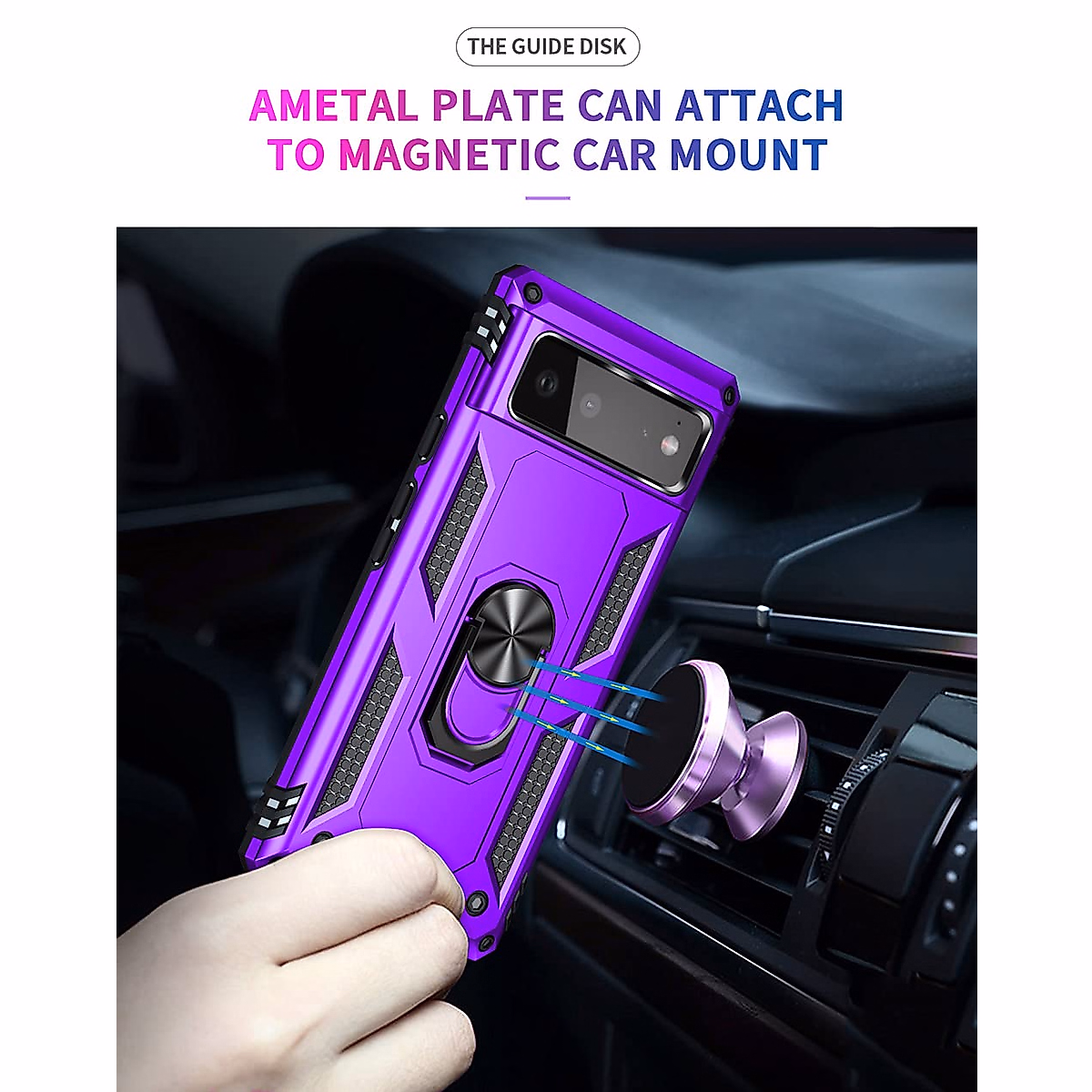 Androgate Designed for Google Pixel 6 Case with HD Screen Protectors, Military-Grade Metal Ring Holder Kickstand 15ft Drop Tested Shockproof Cover Case for Pixel 6 Purple