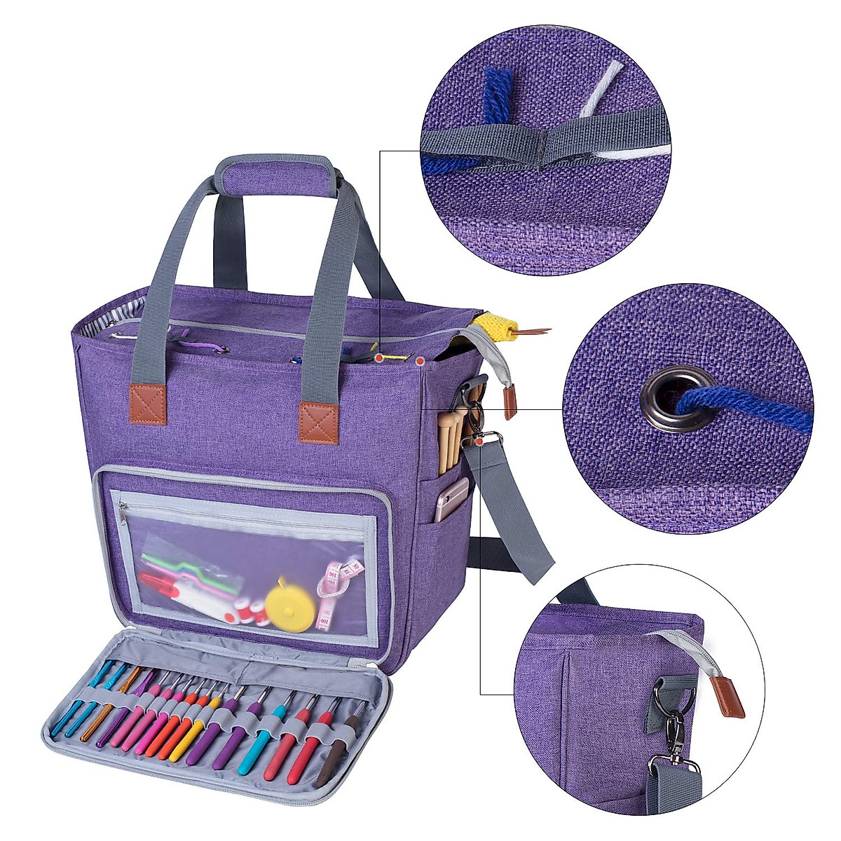 LUXJA Knitting Bag with Shoulder Straps, Yarn Bag for Carrying Projects, Knitting Needles, Crochet Hooks and Other Accessories, Purple