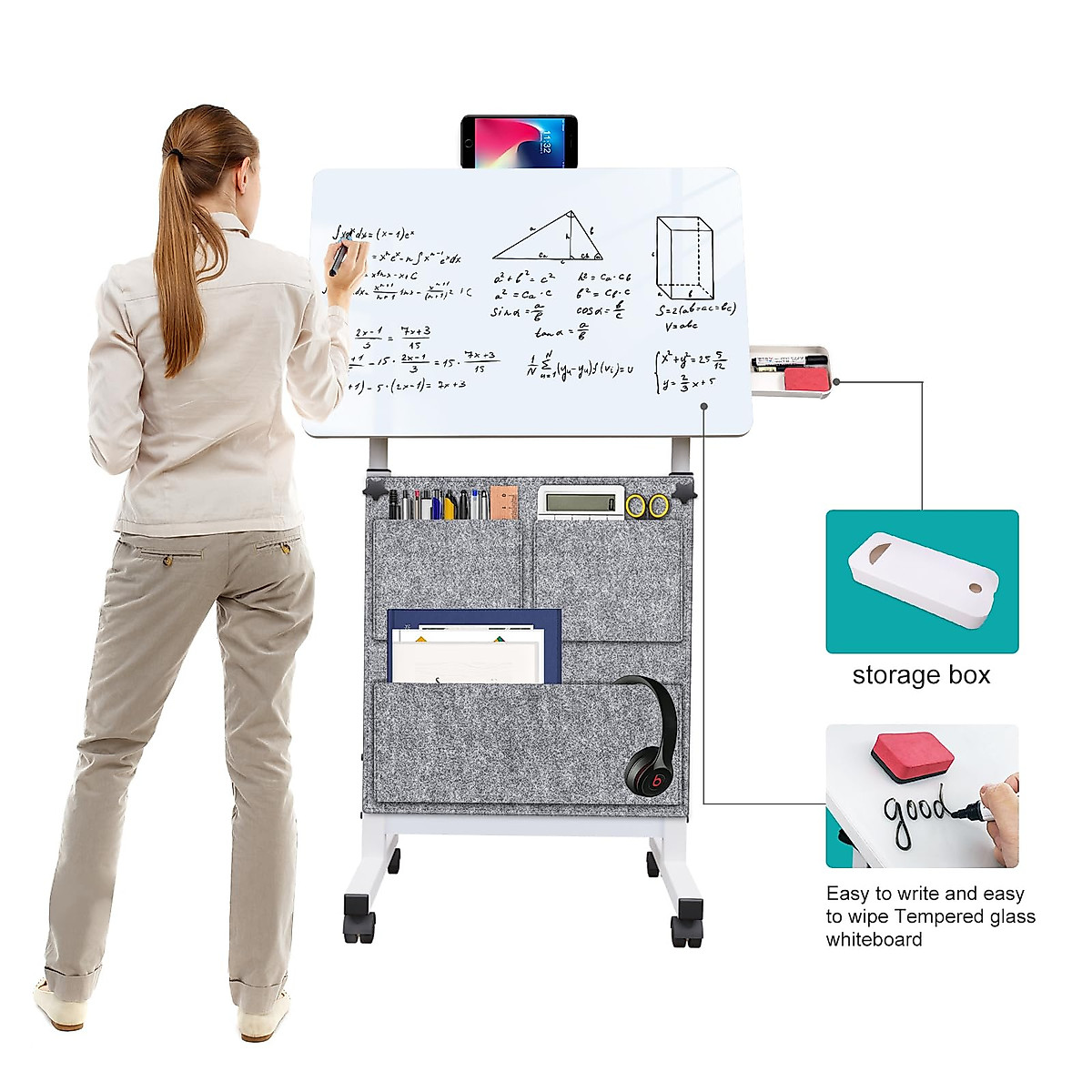 KOUPA Adjustable Height Standing Desk, Writable Tempered Glass Desktop with Eraser, 360° Flip, Wheels and Bag– Ideal for Small Spaces and Home Offices, 24 in, White(Adjustable Height: 32-47 in)