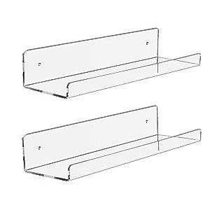 JUOIFIP Clear Acrylic Floating Shelves 2 Pack, 15” Modern Acrylic Picture Display Shelves, Wall Mounted Storage Shelf for Home, Kitchen,Office, Invisible Kids Bookshelf Spice Rack