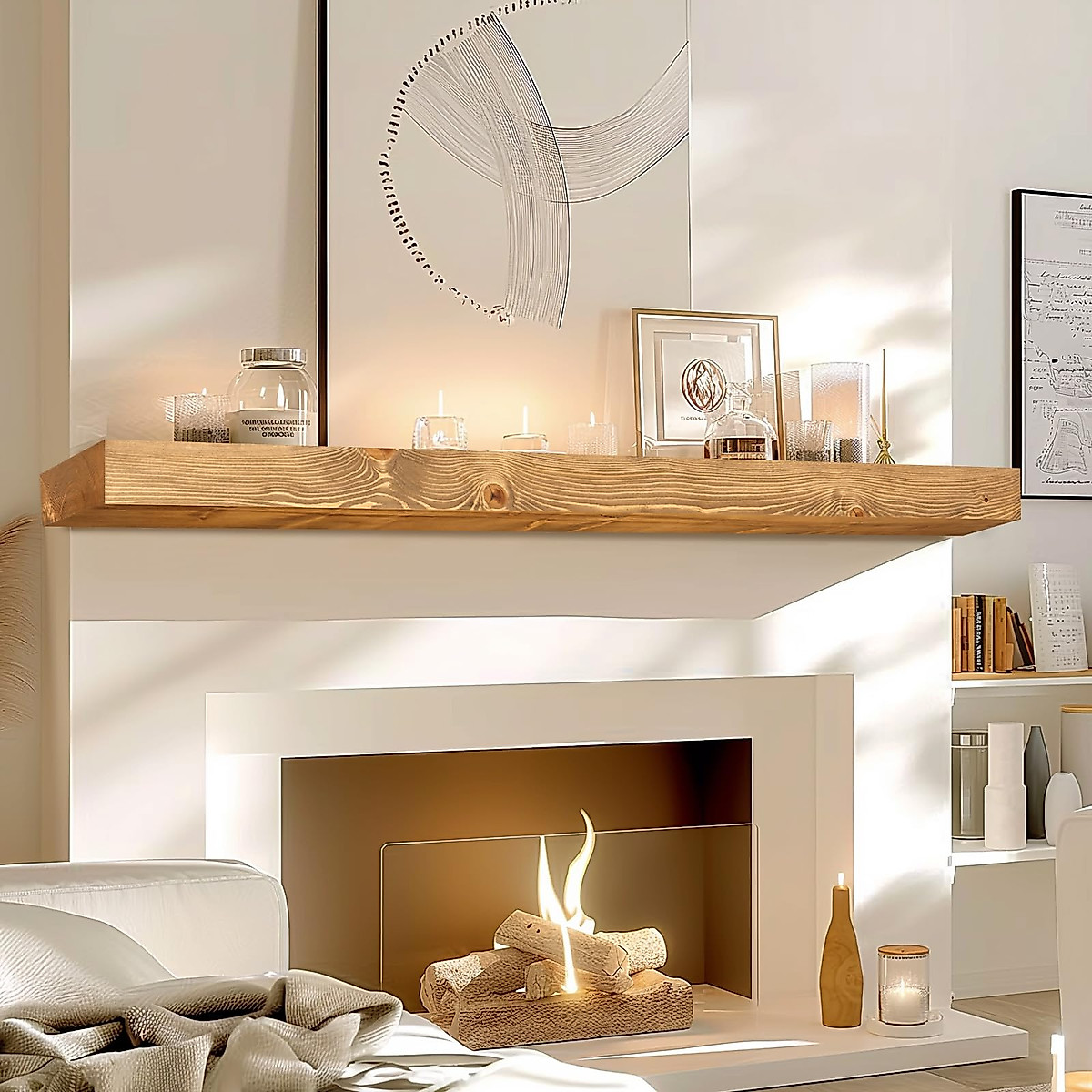 ABSWHLM 60x7x3 Fireplace Mantel - Solid Rustic Wood - Wall Mounted Floating Shelf with Invisible Heavy Duty Steel Bracket (Natural Wood)