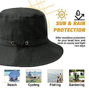 MIDNIGHTSUN Waterproof Bucket Hat Women Packable Outdoor Fishing Hat Lightweight Men UV Protection Summer Sun Hat （Black, One Size