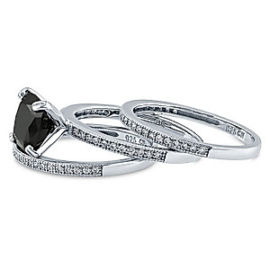 BERRICLE Sterling Silver Solitaire 3 Carat Black Cushion Cut Cubic Zirconia CZ Stackable Fashion Ring Set for Women, Rhodium Plated Size 7