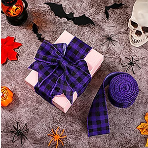 3 Rolls 15 Yards 2 Inches Halloween Plaid Wired Ribbons Buffalo Check Ribbon Fall Rustic Craft Ribbon Assorted Burlap Style Fabric Wrapping Ribbon for Decorations (Black, Purple Plaid)