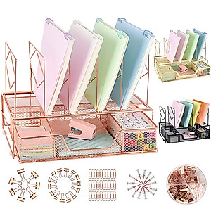 Spacrea Rose Gold Desk Organizers - File Organizer Desk Accessories with Vertical File Folder Holders & Sliding Drawer, Office Supplies for Workspace College Dorm Home(Binder Clips Included)