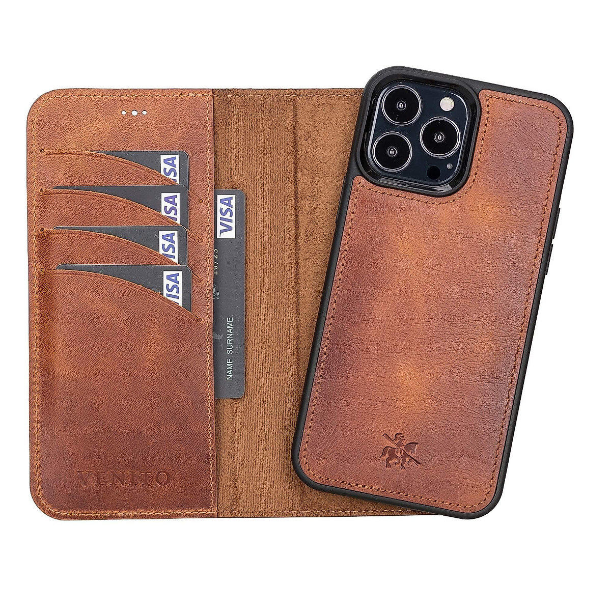Venito Ravenna Slim Magic Leather Wallet Case for iPhone 13 Pro Max (6.7 in) with a Magnetic Flip & Four Card Slots and a Bill Pocket & Lightweight Frame - Antique Brown