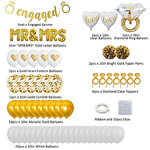 Gold Engagement Party Decorations, Gold Engaged Banner, MR and MRS Balloons, Giant Ring, Heart Balloons, Gold Latex Confetti Balloons for Engagement Bachelorette and Bridal Shower Decorations