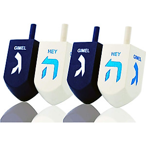 The Dreidel Company Extra Large Blue & White Hand Painted Wooden Hanukkah Dreidels - Includes Game Instruction Cards- (10-Pack XL)