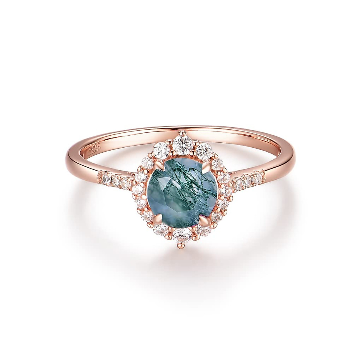 ITI KUOLOLIT Natural Moss Agate Ring Sterling Silver Wedding Engagement Ring Green Agate Promise Wedding Rings for Women Round (Moss Agate-Rose, 7)