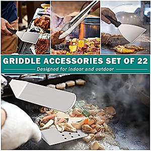 Leonyo Griddle Accessories, 22Pcs Flat Top Grill Spatulas Stainless Steel Griddle Spatula with Metal Scraper, Fish Turner, Burger Press, BBQ Accessories for Outdoor Kitchen Barbecue, Camping Grilling