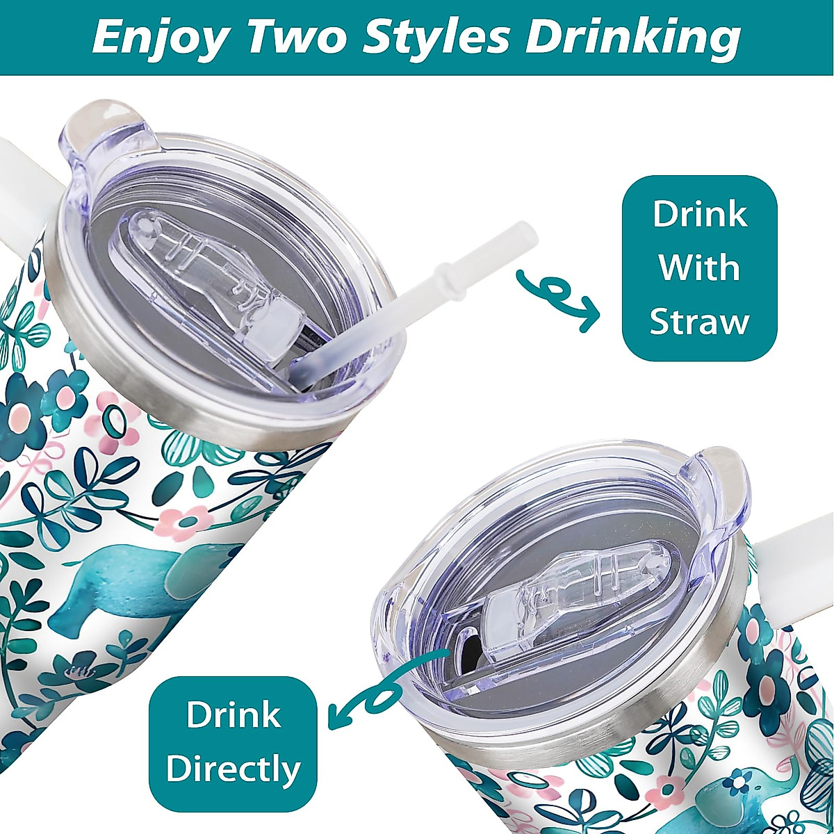 Puhnhsv 40 oz Insulated Stainless Elephant Tumbler With Handle and Straw, 40oz Coffee Travel Mugs Cup Water Bottle Elephant Lovers Gifts for Women Girls