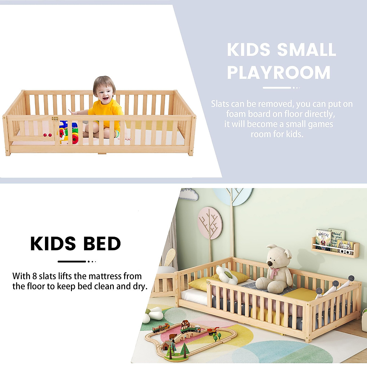 Harper & Bright Designs Twin Size Floor Bed Frame, Wooden Twin Montessori Floor Bed with Rails, Door and Support Slats, Kids Twin Size Bed Frame for Boys & Girls, Natural