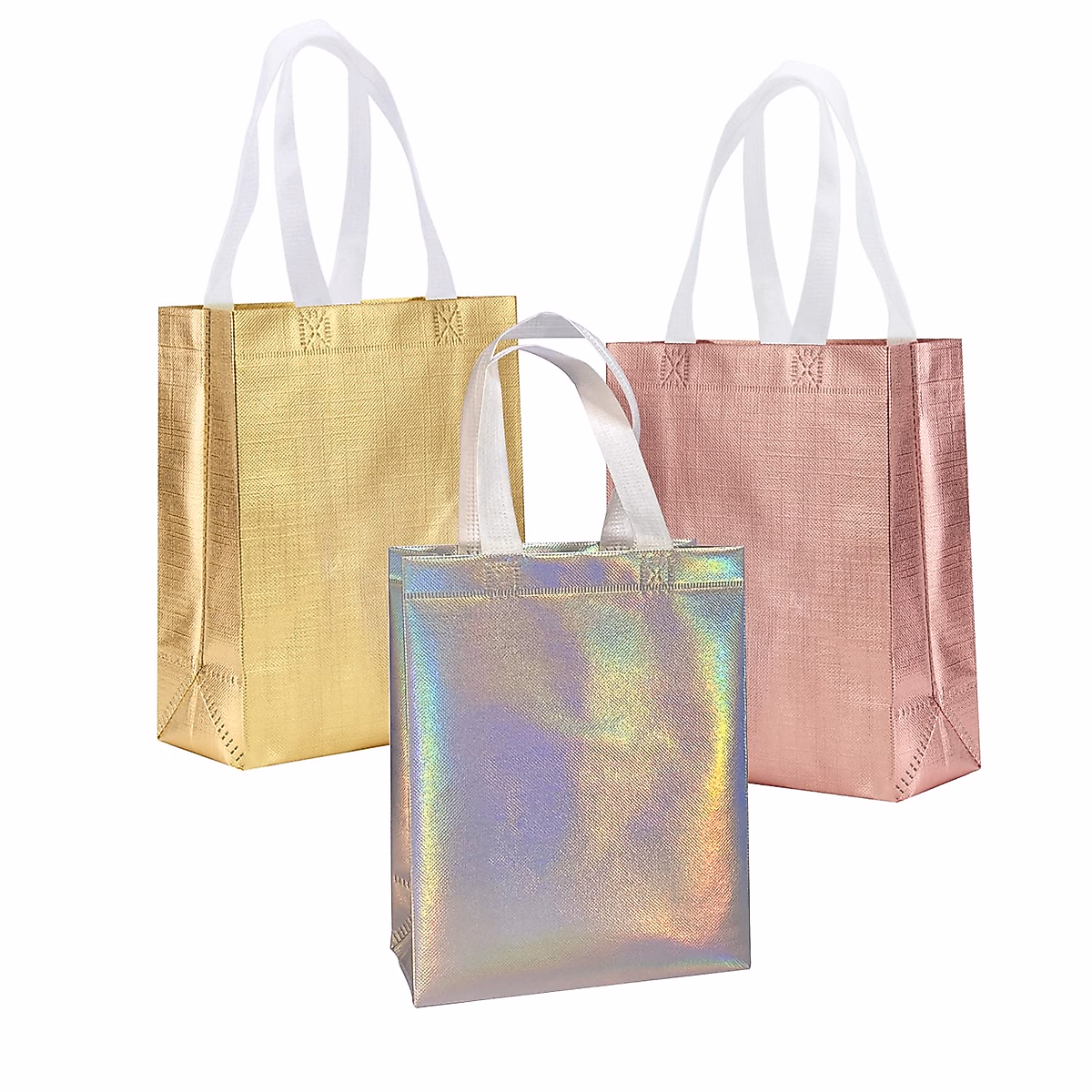GANKEIC 8" X 4" X 10" Reusable Gift Bags With Handles for Birthday Christmas Party Favor Gift Bag Pack of 12 (3 Colors Mix)