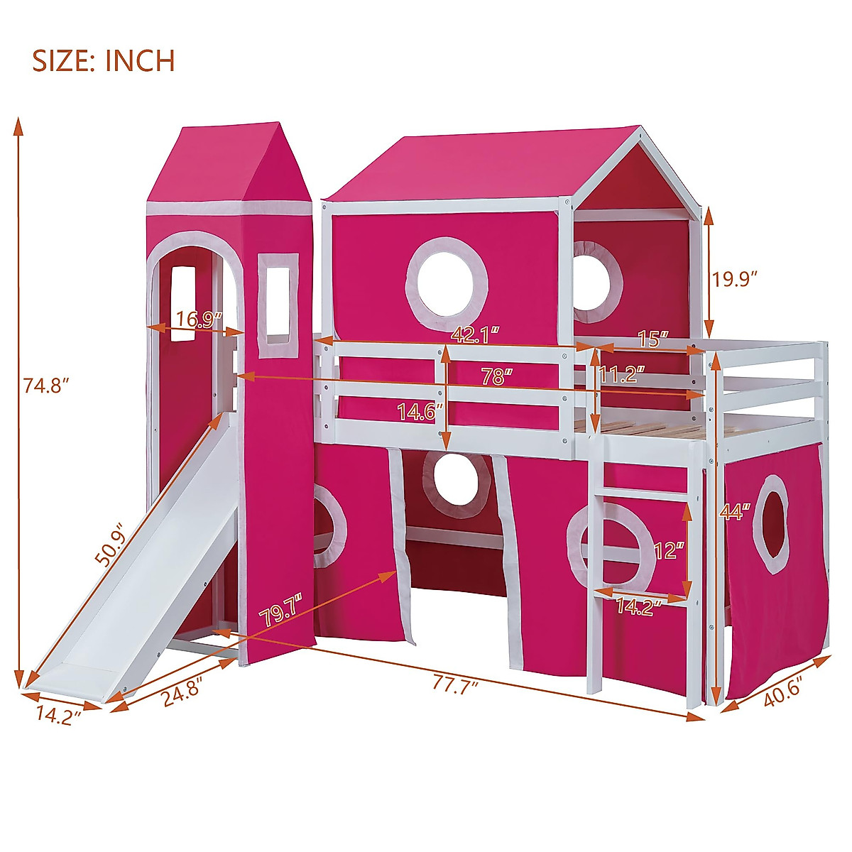 Full Size House Loft Bed Kids Loft Beds with Slide, Tent and Tower, Solid Wood Loft Bed with Small Pinnacle for Kids Girls Boys Teens (Pink)